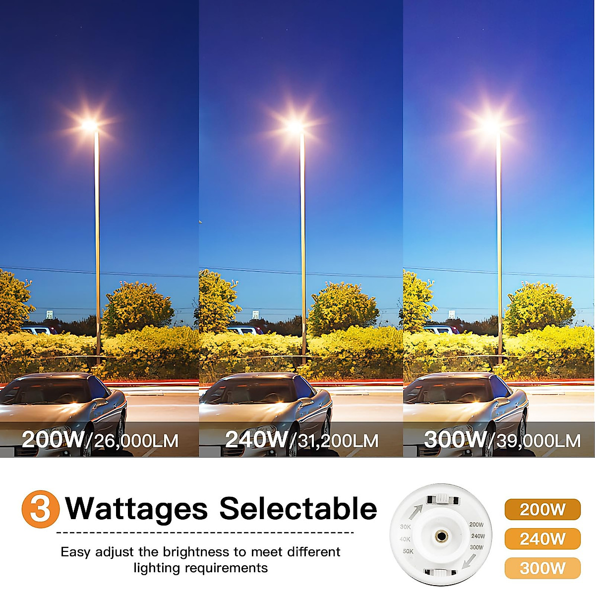 Run Bison LED Parking Lot Light 300W/240W/200W Adjustable, 39000LM 5000K Adjustable Arm Mount LED Street Light with Dusk to Dawn Photocell, 100-277V IP65 Waterproof Shoebox Light for gym-2PK