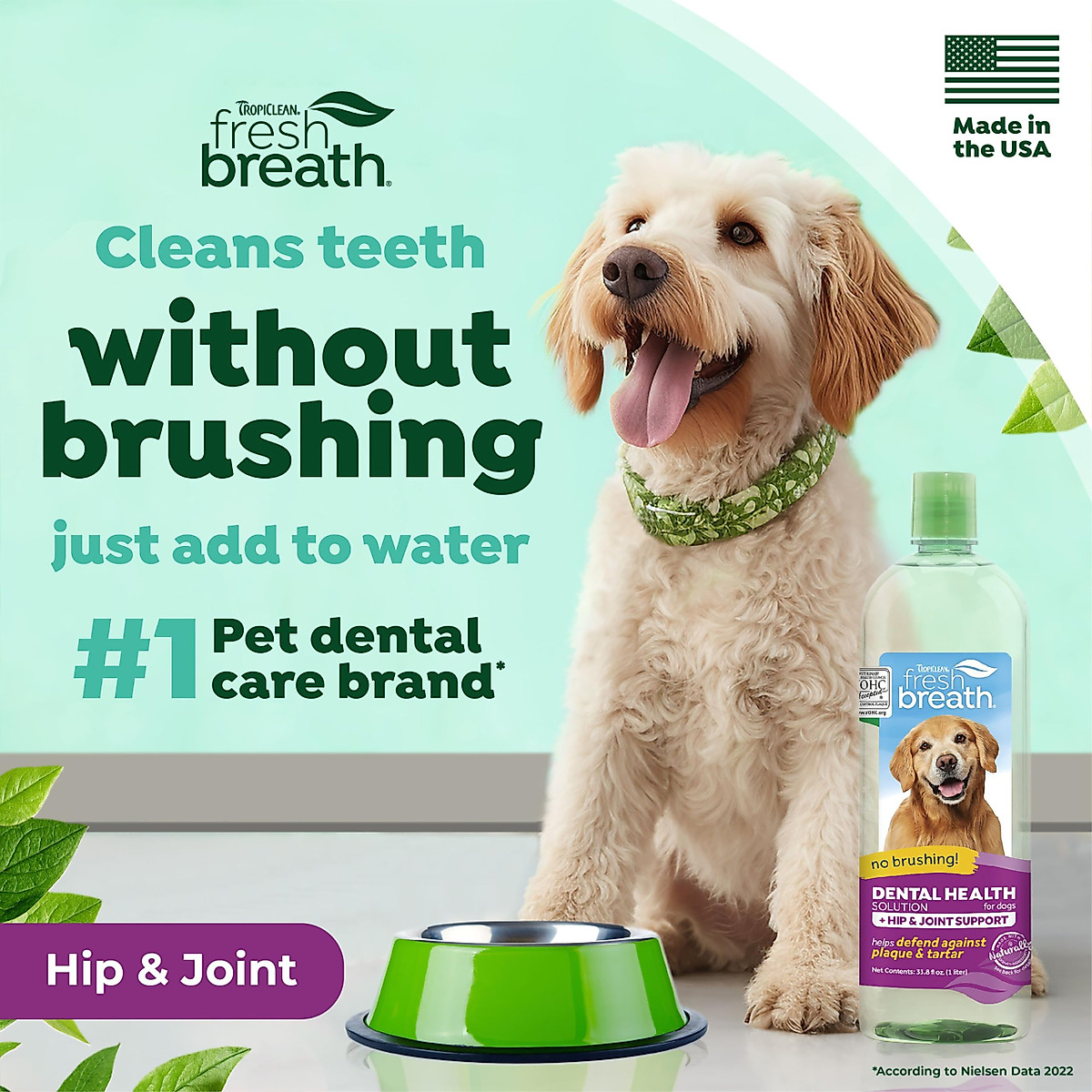 TropiClean Fresh Breath Plus Glucosamine for Hips & Joints | Dog Breath Water Additive | Dental Care | Dog Breath Freshener | Simple Pet Teeth Cleaning | Made in USA | 33.8 oz