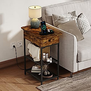 QEEIG Small End Table with Charging Station Sofa USB Ports Power Outlets Farmhouse Narrow Nightstand, Rustic Brown