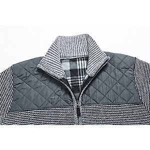 Men Full Zip Casual Knitted Cardigan Slim Color Block Fleece Lined Sweaters Stand Collar Winter Warm Thick Sweater (Grey,3X-Large)