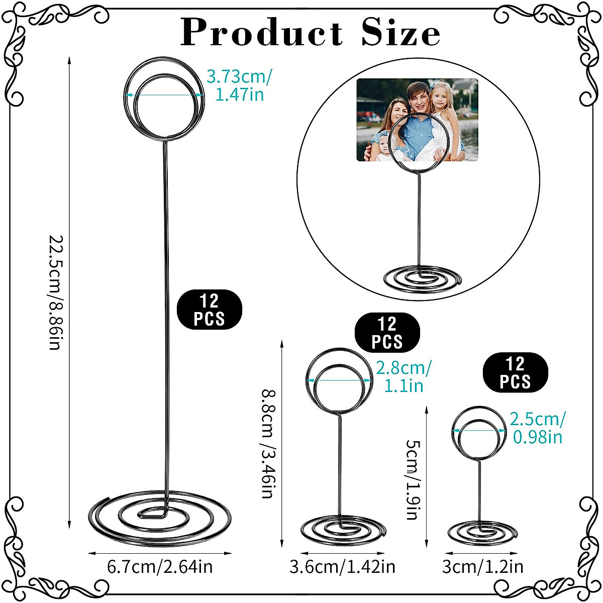 36 Pcs Table Number Holders 3 Size Black Place Card Holders Name Numbers Memo Note Cards Table Picture Holders Wire Photo Holder Clip Table Card Holder Stand for Wedding Anniversary Party Centerpieces