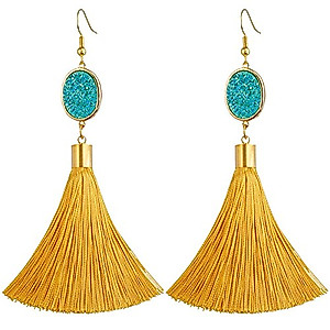 SUNYIK Bohemia Crystal Druzy Dangle Earrings for Women,with Thread Tassel,Oval Teal Blue