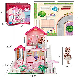 Mini Tudou Dollhouse for Girls, Doll House with Lights, Play Mat and Dolls, DIY Building Pretend Play House with Accessories Furniture and Household Items,Playhouse for Girls 3-12 (3 Rooms)