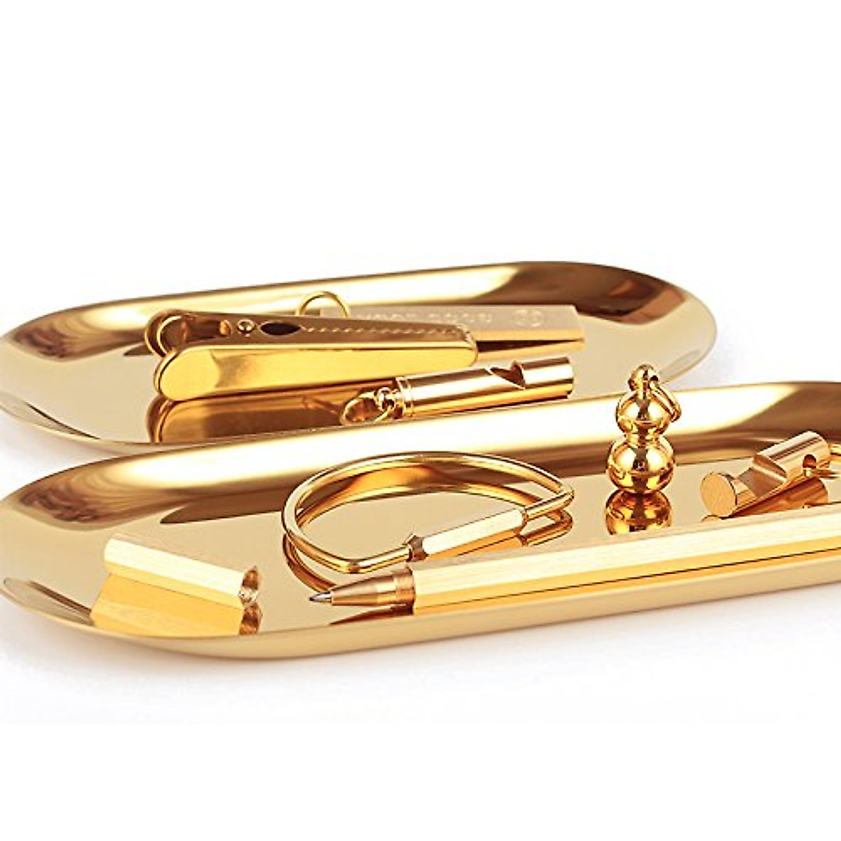 MEOLY Serving Tray Ellipse Tray Stainless Steel Summit Serving Tray Storage Disk Fruit Tray Jewellery Tray Organizer, 2pcs Pack (Gold)