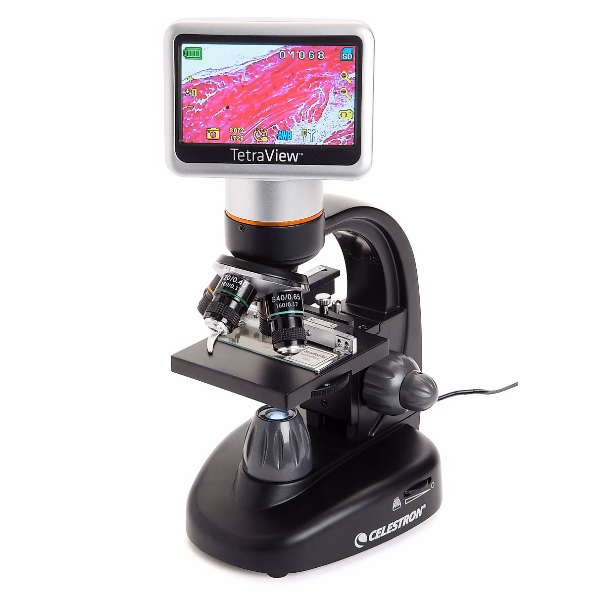 Celestron – TetraView LCD Digital Microscope – Biological Microscope with a Built-In 5MP Digital Camera – Adjustable Mechanical Stage –Carrying Case and 2GB Micro SD Card
