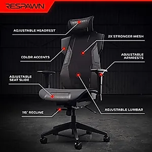 RESPAWN FLEXX Gaming Chair Mesh Ergonomic High Back PC Computer Desk Office Chair - Adjustable Lumbar Support, Seat-Slide, 115 Degree Syncro-Tilt Recline, 2D Armrests & Headrest, 300lb Max - Black