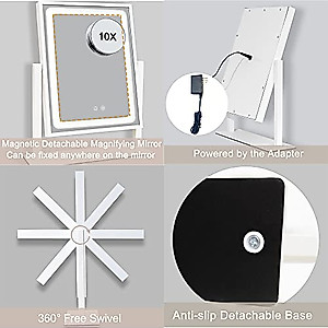 IBRIGHTSO Vanity Mirror with Lights, Lighted Hollywood Makeup Mirror, Touch Dimmable 3 Color Lights, Detachable 10X Magnification Mirror, 360° Rotation(12inches, White)