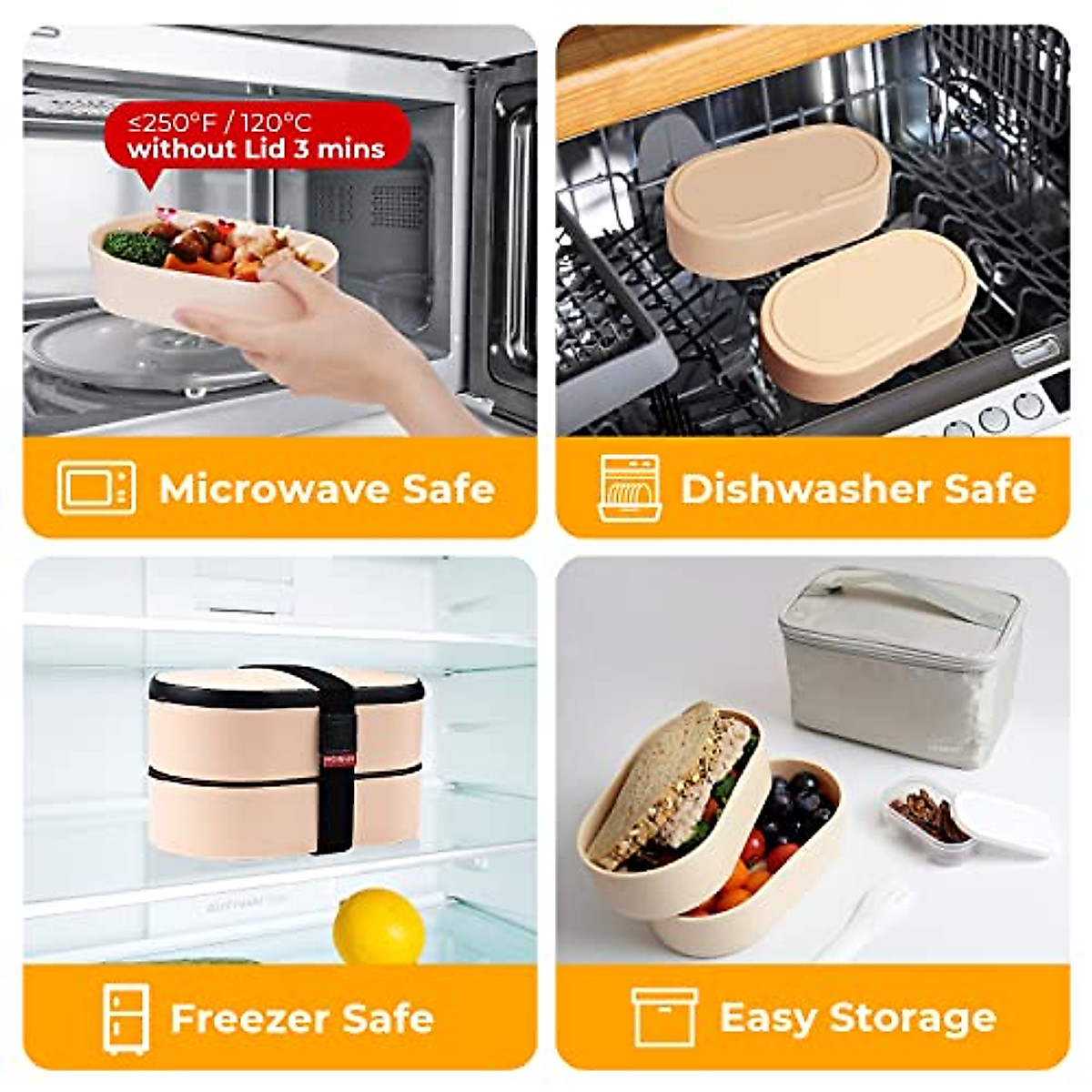 homeasy Bento Box for Adults Students, BPA Free Plastic Bento Lunch Boxes Rectangle Food Grade Lunch Containers with Cutlery Set and 2 Sauce Pot, 2-Tier Leak-Proof, 1200 ML (Beige with Bag)