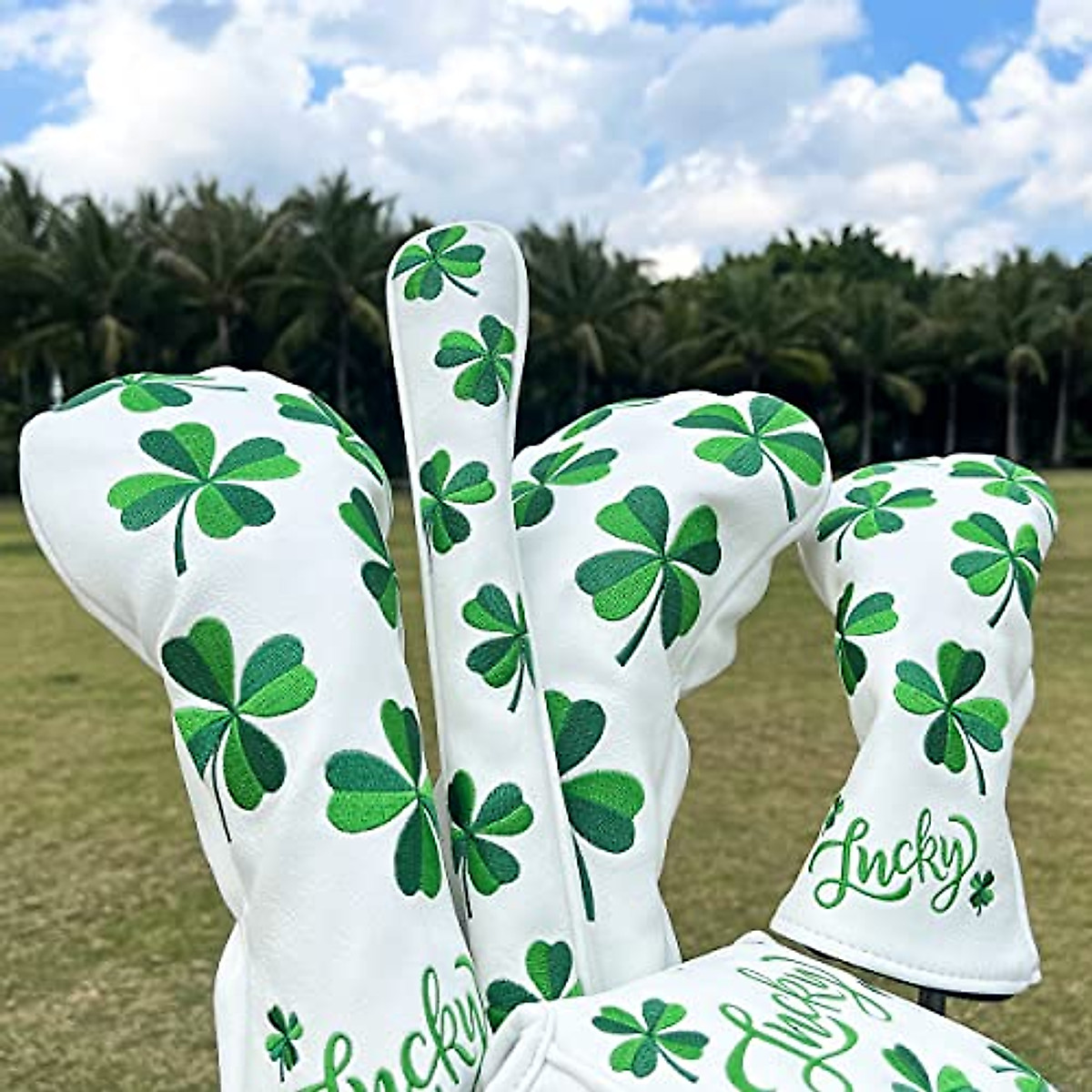 Golf Headcovers Lucky Clover Golf Driver Fairway Wood Hybrid Mallet Blade Putter Cover Headcover Premium Leather Headcovers Fits Most of Drivers Woods and Blade Putters