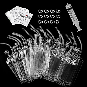 20 Packs Halloween Blood IV Bags for Drinks Reusable Container Drinks Pouches for Vampire Zombie Theme Party Decoration Supplies with Syringe and Clips, 10.15 fl.oz (20pcs Bag, 20 Label, 2 Syringes)