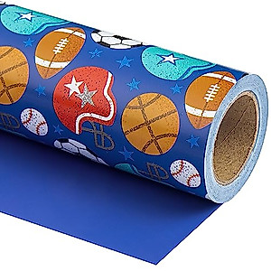 WRAPAHOLIC Reversible Wrapping Paper - Mini Roll - 17 Inch X 33 Feet - Ball Design with Solid Blue Design for Birthday, Holiday, Baby Shower