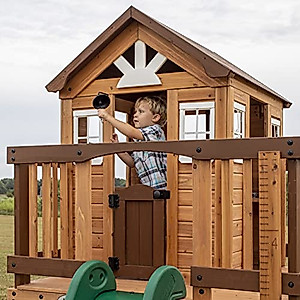 Backyard Discovery Echo Heights Elevated Cedar Playhouse, Play Kitchen, Powered Blender, Working Bell, 6 ft Wave Slide, Wrap-Around Deck, Flat Step Ladder, Growth Chart