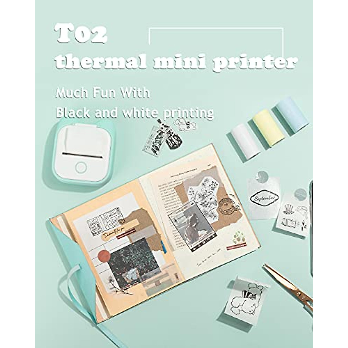 Memoqueen Pocket Sticker Printer T02 Thermal Photo Printer, Sticker Maker Machine for Photos, Diaries, Memos, Study Notes, Work Plans,Wireless Receipt Printer Compatible with iOS & Android, Green