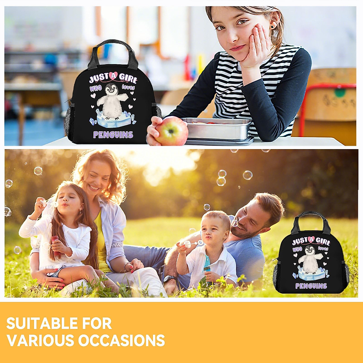 PAKKITOP Penguin Lunch Bag for Kids, Small Lunch Bags Insulated, Cute Reusable Lunchbox for Teen Girls Boys, Black Portable Lunchbags for School Travel Picnic, Freezable and Foldable