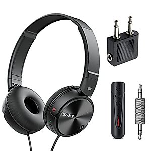 Sony Wired Noise Cancelling Stereo Headphones (Black) + Airline Headphone Adapter + NeeGo Wireless Bluetooth Receiver