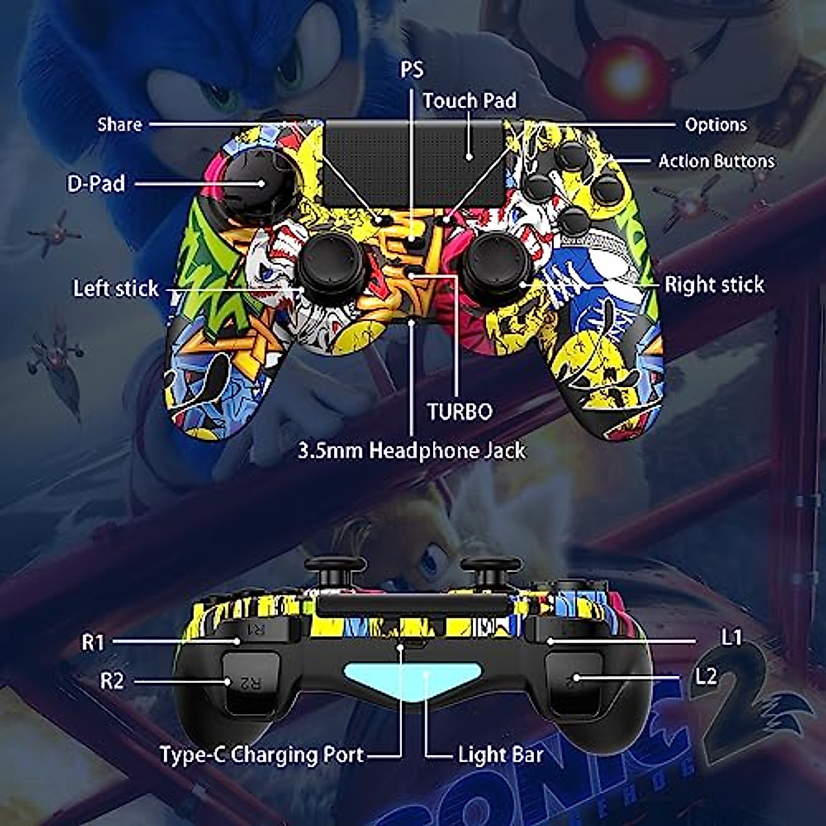 Nonbliep 2 Pack Wireless for PS4 Controller Compatible with Playstation 4/PS4 Slim/PS4 Pro with Turbo/6-Axis Motion Sensor/1000mAh Battery/Headphone Audio Replacement for PS4 Controller