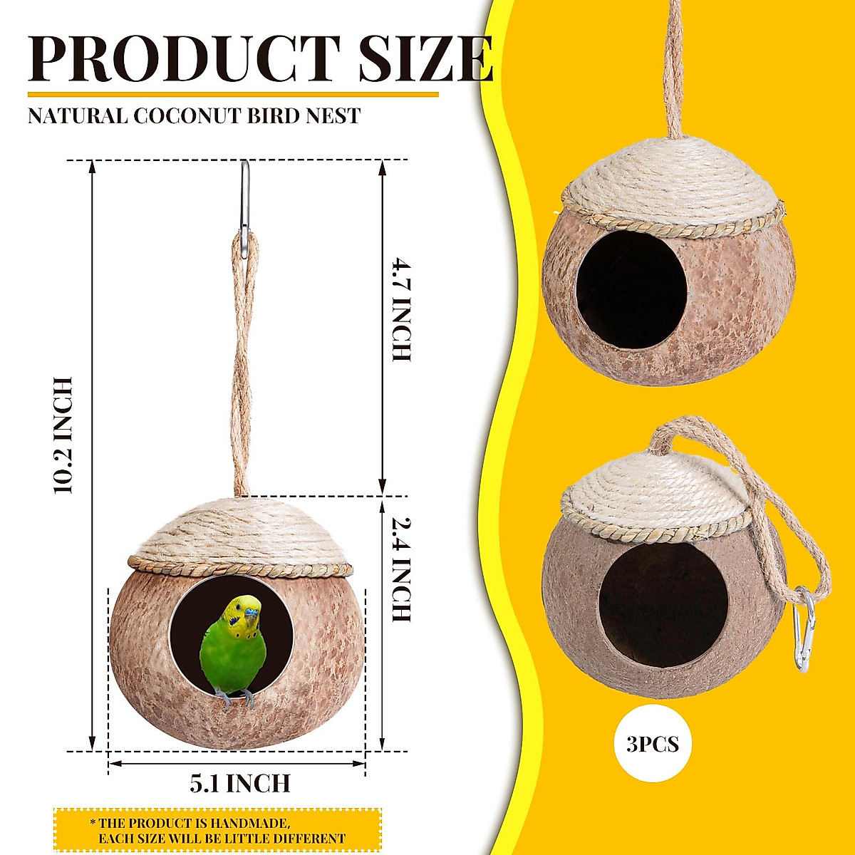 Suzile 3 Pcs Natural Coconut Bird Hide Nest Hut for Cage with Woven Straw Bird Parakeet Coconut Fiber Hanging Birdhouse Cage Habitats Decor for Parrot Cockatiel Lovebird Finch Squirrel Hamster