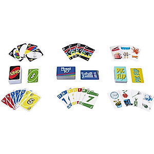 Mattel Games UNO, Phase 10 and Pic Flip Bundle, 3 Mattel Card Games in Decorative Storage Tin, For Kid, Family & Adult Game Night, 7 Years & Up