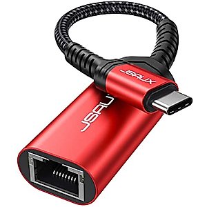 USB C to Ethernet Adapter, JSAUX USB-C to RJ45 Thunderbolt 3/Type C to Gigabit Ethernet LAN Network Adapter Compatible with iPad Pro 2021, iMac, MacBook Pro 2020/2019, MacBook Air, Dell and More-Red