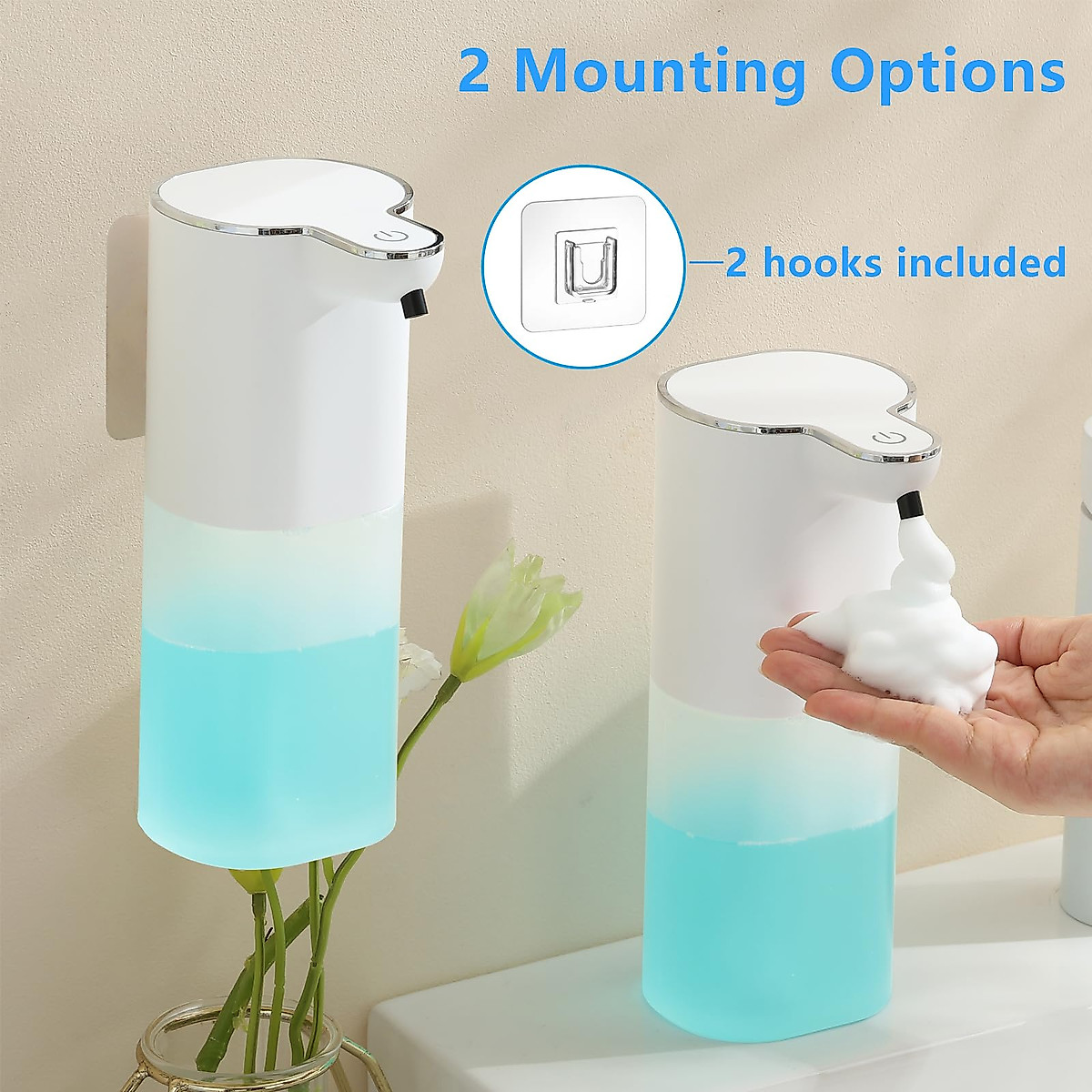 Automatic Soap Dispenser - Touchless Foaming Kids Hand Soap Bottle - Rechargeable Hands Free Pump for Bathroom or Kitchen with Wall Mount Hook