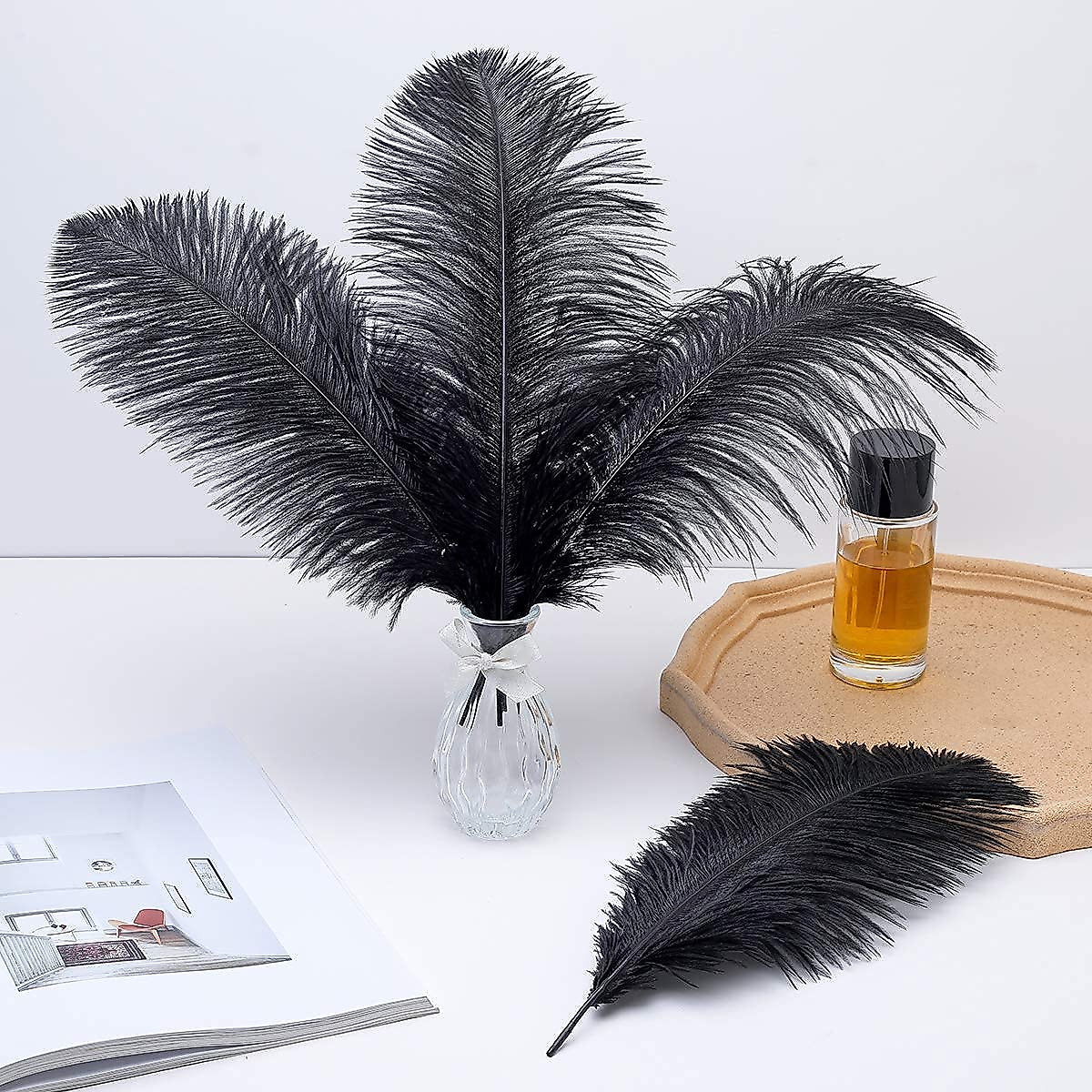 24pcs Natural Black Ostrich Feathers 10-12inch (25-30cm) for Wedding Party Centerpieces，Flower Arrangement and Home Decoration.