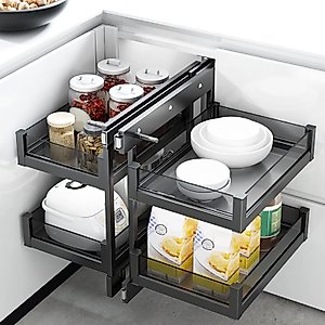 FYFUSATC Kitchen Blind Corner Pull Out Shelf Stainless Steel Bottom Plate Spice Rack Heavy Duty Cabinet Pull Out Storage Organizer Cans, Jars, Canisters, Pots, Pans, for Cabinet of ≥ 15 Inch Opening