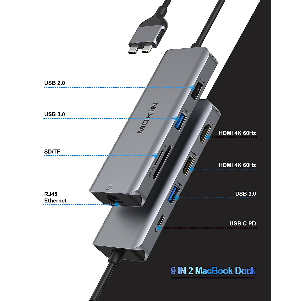 MacBook Pro Docking Station Dual Monitor MacBook Pro HDMI Adapter,9 in 1 USB C Adapters for MacBook Pro Air Mac HDMI Dock Dongle Dual USB C to Dual HDMI Ethernet 3USB SD/TF100W PD