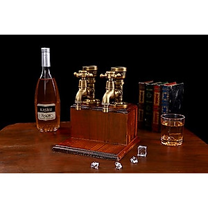 Vida Brillante Drink Dispenser for parties Bar Accessories Gifts for Husband Dad Man Cave Decor for Whiskey Lovers with Brass Tube &Wooden Base Suitable for Rum/Bourbon-2 Bottle