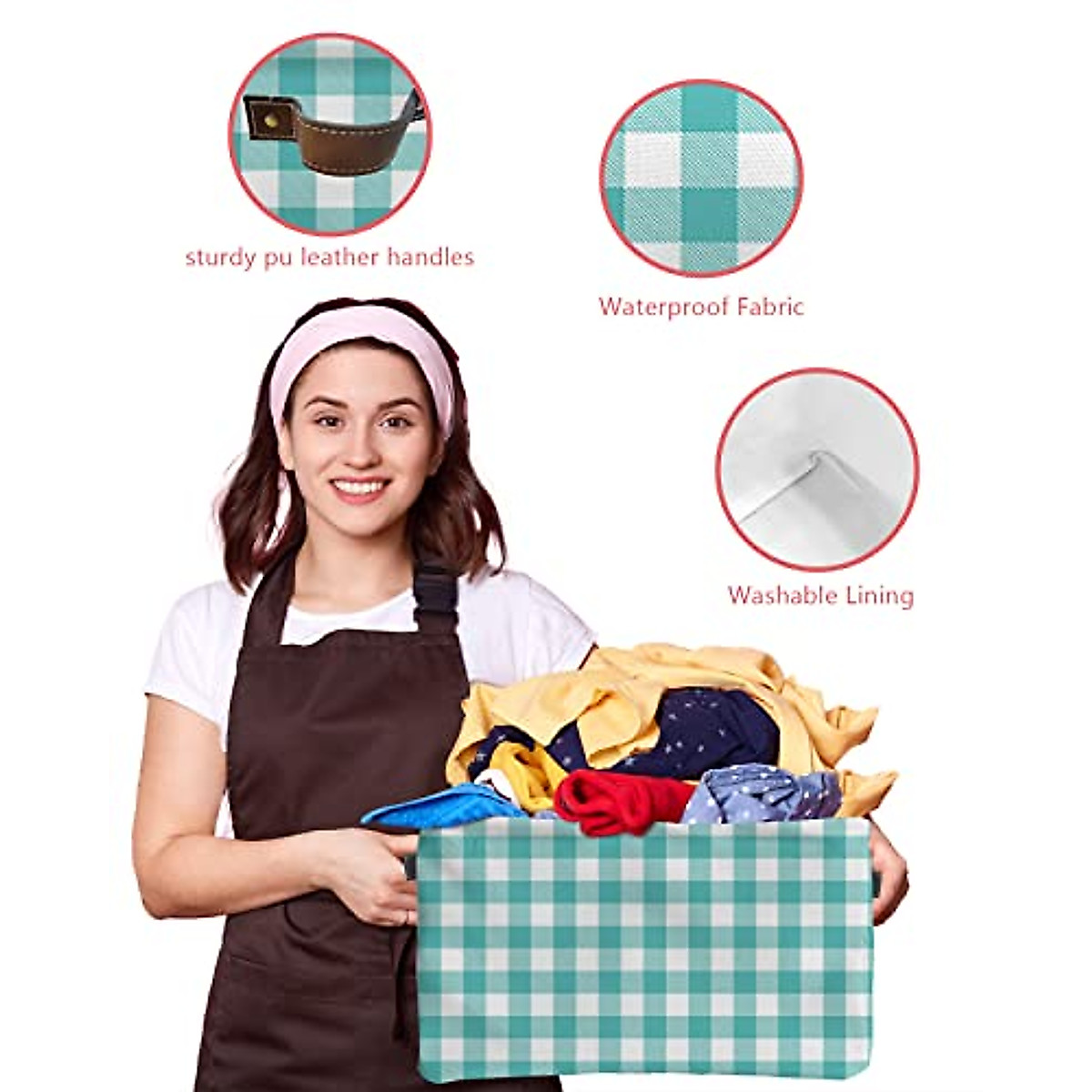 Turquoise Checkered Storage Basket Waterproof Cube Storage Bin Organizer with Handles, Farmhouse Teal Buffalo Plaid Collapsible Storage Cubes Bins for Clothes Books Toys 15"x11"x9.5"