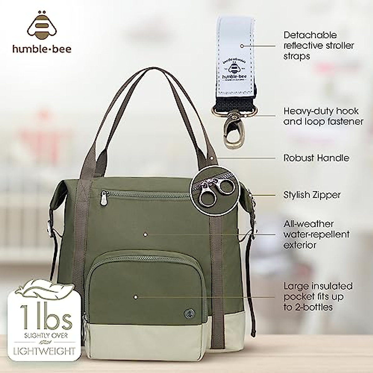 Humble Bee Kokoro All Heart Convertible Diaper Bag for Men & Women: Converts from Backpack to Tote, Spacious Compartments, Multiple Pockets, Removable Accessories & Stroller Strap Design (Olive Dusk)