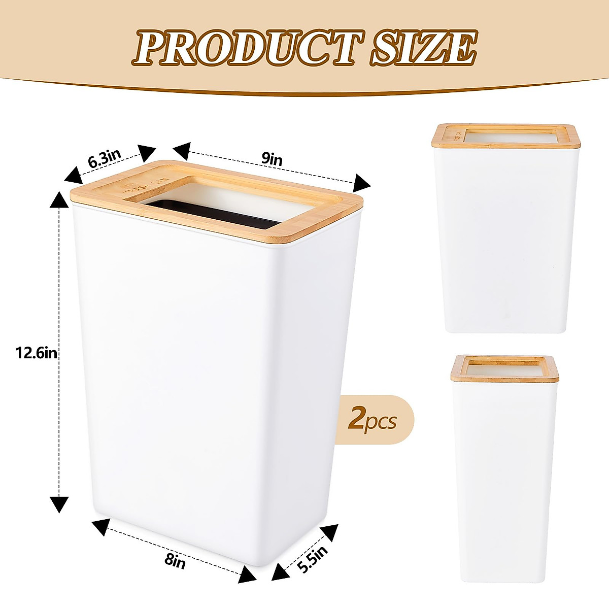 Suclain 2 Pcs Slim Trash Can 2.3 Gal, Small Wastebasket with Semi Open Bamboo Lid Plastic Waste Basket Rectangular Garbage Container Bin Trashcan for Bathroom Bedroom Kitchen Office Living Room Home