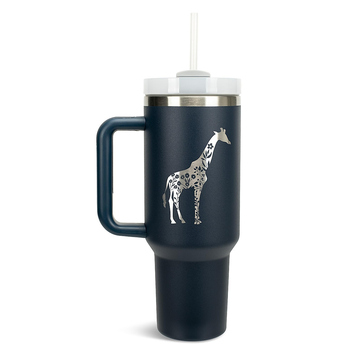 Elanze Designs Giraffe Growing Wildflower Animal Floral Motif 40 Oz. Stainless Steel Water Bottle Coffee Mug, Spill & Leak Resistant, Travel Tumbler with Handle, Lid & Straw, Navy Blue