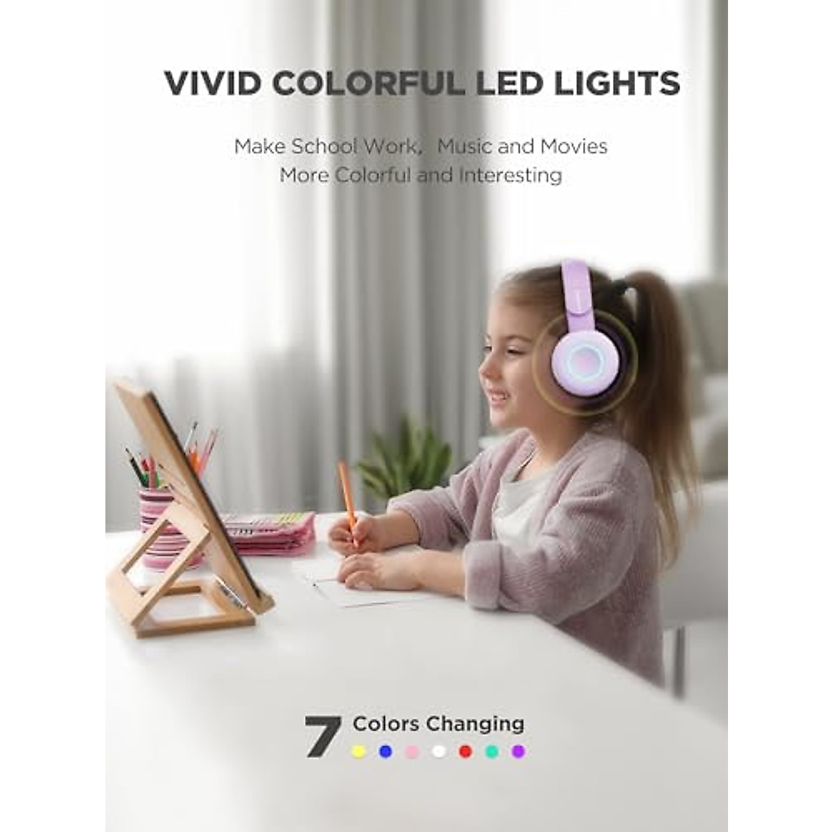 BIGGERFIVE Kids Wireless Bluetooth Headphones with 7 Colorful LED Lights, 50H Playtime, Microphone, 85dB/94dB Volume Limited, Foldable On Ear Kids Headphones for School/Girls/Fire Tablet, Purple