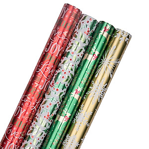 JAMPaper Assorted Gift Wrap - Christmas Wrapping Paper - 100 Sq Ft Total - Holographic Christmas Set - 4 Rolls/Pack