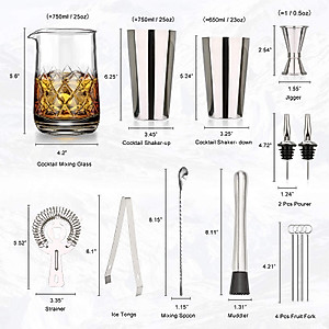 25 oz Crystal Cocktail Mixing Glass Set - Bartender Kit for Drinking Lover - Stainless Steel Hand Shaker, Spoon, Ice Tongs, Jigger, Pourer, Strainer & Muddler for Home Bar