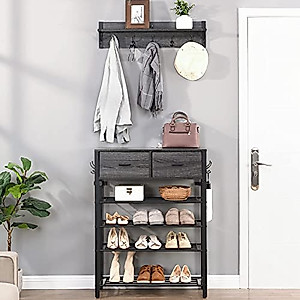 DKLGG Metal Shoe Rack with Coat Rack, Industrial 4-Tier Shoe Storage Organizer with Drawers for 12 Pairs, Shoe Shelf with Hooks & Adjustable Feet, Free Standing Shoe Racks for Entryway, Hallway(Black)