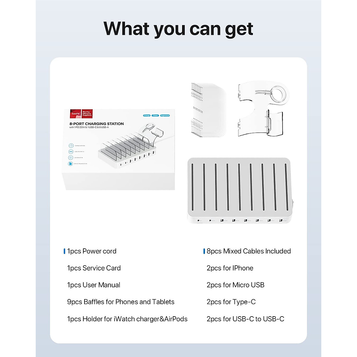 SooPii 8-Port USB-C Charging Station for Multiple Devices, with 1 PD 20W Port Supports Fast Charging, 8pcs Mixed Charging Cables and 1pcs Upgraded Holder for lWatch Charger & Air-Pods, White