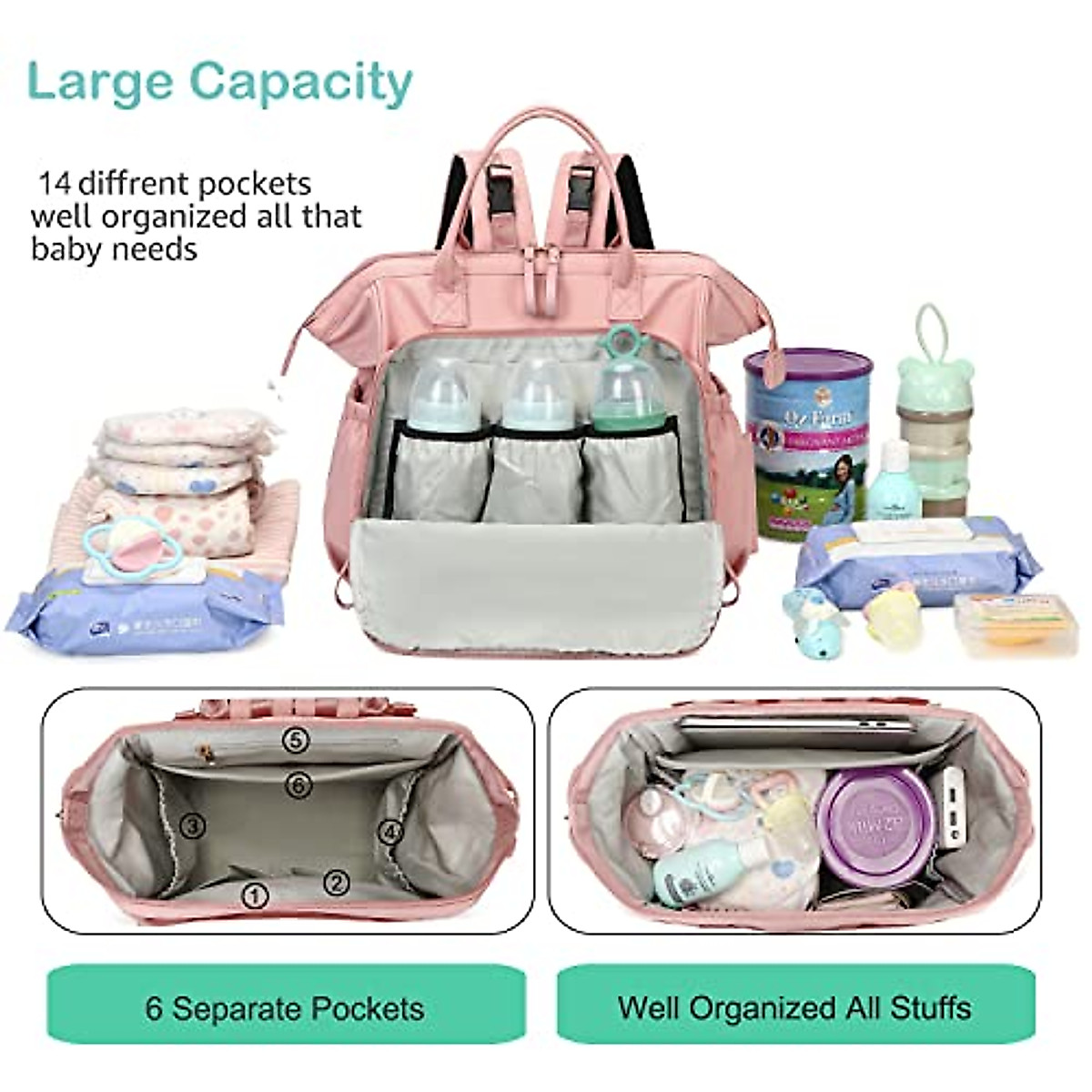 LORADI Convertible Diaper Bag Tote, Wide Open Top 14 Pockets Nappy Backpack with Stroller Clips, Water-resistant (Nylon, Pink)