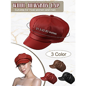 Funtery 3 Pcs Women Newsboy Hats PU Leather Visor Beret Cabbie Hat 8 Panel Vintage Women Fiddler Cap Faux Leather Baker Hat(Khaki, Red, Black)