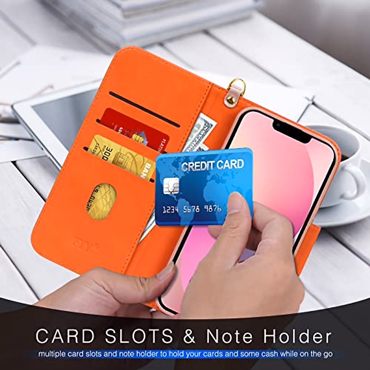 FYY Compatible with iPhone 13 Case, [Kickstand Feature] Luxury PU Leather Wallet Case Flip Folio Cover with [Card Slots] and [Note Pockets] Case for iPhone 13 5G 6.1" Rose Gold