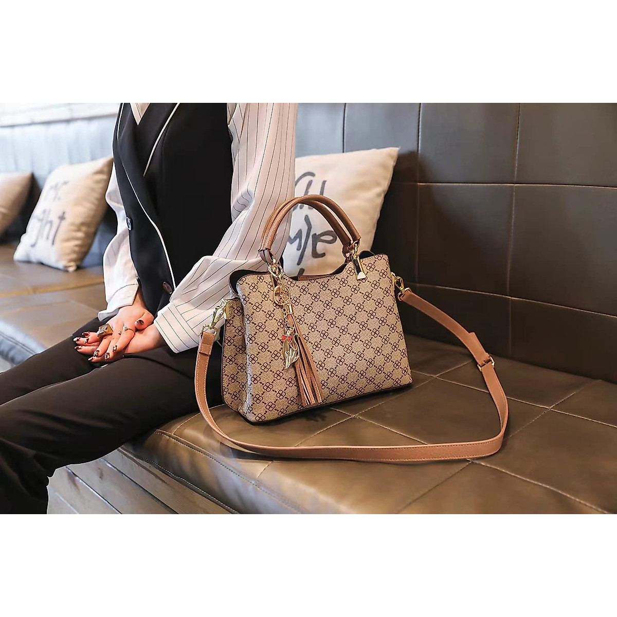 Eightown Beige Tote Bag for Women - Designer Top Handle Bag with Flowers Printing - High-capacity Shoulder Purse with Tassel Pendant(Beige strap)