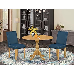East West Furniture DMAB3-OAK-55 3 Piece Dining Table Set Contains a Round Dining Room Table with Dropleaf and 2 Oasis Blue Faux Leather Parsons Chairs, 42x42 Inch, Oak