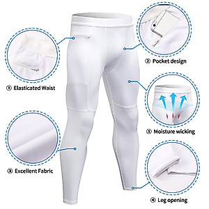 WRAGCFM Compression Pants Men,Tights for Men Running Workout Basketball Athletic Sports Leggings Compression Tights with Pockets White,S