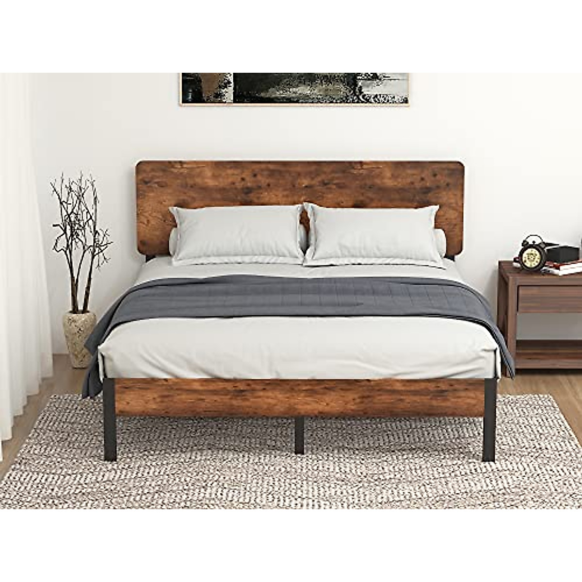 Allewie Full Size Platform Bed Frame with Wood headboard and Metal Slats/Rustic Country Style Mattress Foundation/Box Spring Optional/Strong Metal Slats Support/Easy Assembly