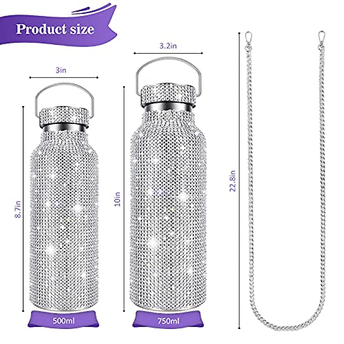 Diamond Water Bottle, Bling Diamond Vacuum Flask, Sparkling Diamond Water Bottle, High-Grade Stainless Steel Rhinestone Vacuum Flask, Leak-Proof Vacuum Flask With Chain (Silver, 750ML)
