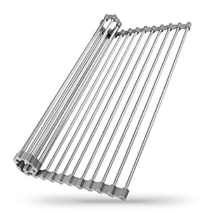 AOUAO Roll Up Dish Drying Rack,Multipurpose Stainless Steel Over The Sink Drainer Rack,Kitchen Portable Dish Rack (Round)