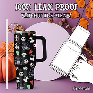 GEPOSTORE Halloween Gifts for Movie Lovers, Jack Skeleton 40 oz Stainless Steel Tumbler with Handle, Lid, and Straw, Nightmare Before Movie Cup, Halloween Mug, Horror Movie Gifts for Cartoon Lovers