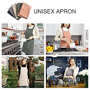 ELEZAY Aprons for Women with Pockets Plus Size Comfort Cross Back No Tie Cotton Linen Apron Pinafore for Cooking Painting Floral Arrangement Gardening Cleaning Medium, Green