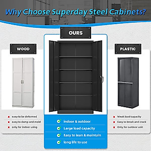 Superday Lockable Storage Cabinet, 71" Garage Storage Cabinets with Lock, Black Metal Cabinet with 2 Doors and 4 Adjustable Shelves for Home Office, Classroom, Bathroom, File, Easy Assemble