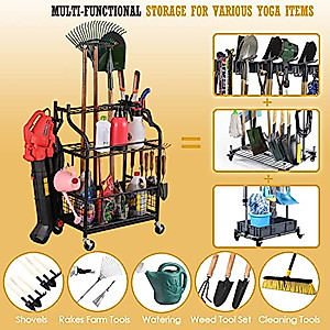 Snail Garden Tool Storage Organizer with Wheels Yard Tool Stand Holder for Garage Lawn and Outdoor, Steel Yard Tool Racks to Store Yard Long Rakes, Brooms, Mops and Buckets, Garden Tool Rolling Cart